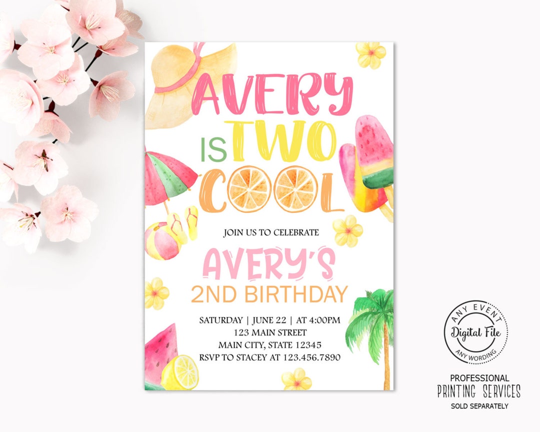 Tropical Two Cool Birthday Invitation, Summer 2nd Birthday Invite, Two ...