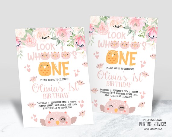Floral Owl Girl 1st Birthday Invitation Printable, Look Whoo's One ...