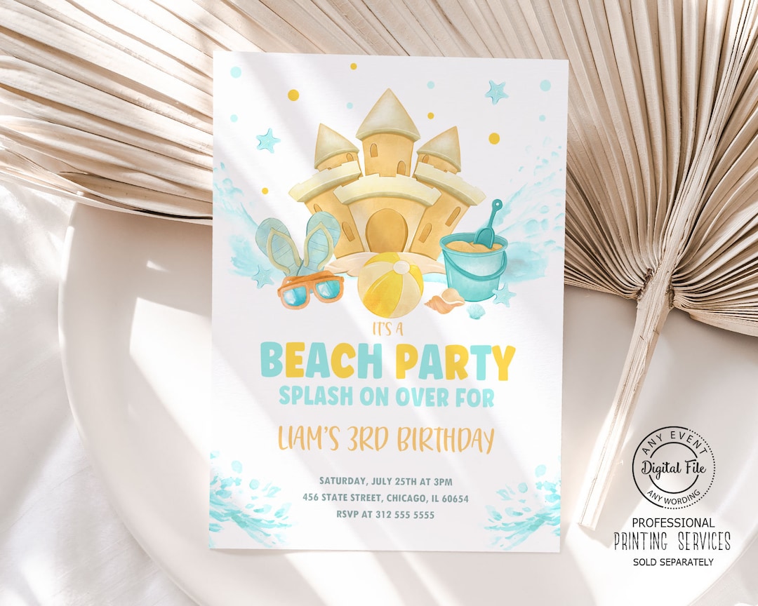 Kids Beach Birthday Party Invitation, Sandcastle Birthday Invite, Pool Party Invitation, Water ...