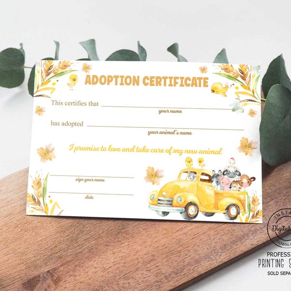 Farm Animal Adoption Certificate - Etsy