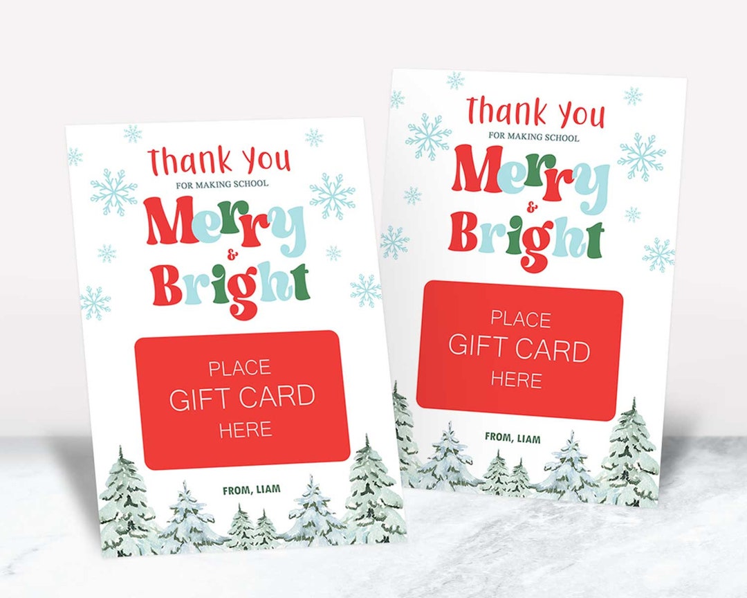 Merry and Bright Printable Christmas Teacher Appreciation Gift Card ...