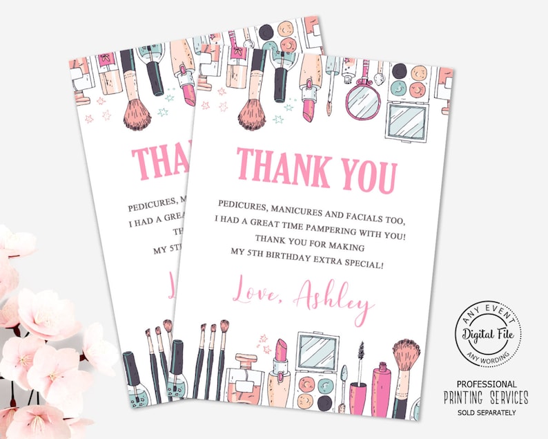 Makeup Birthday Party Thank You Card, Girl Sleepover Slumber Party ...