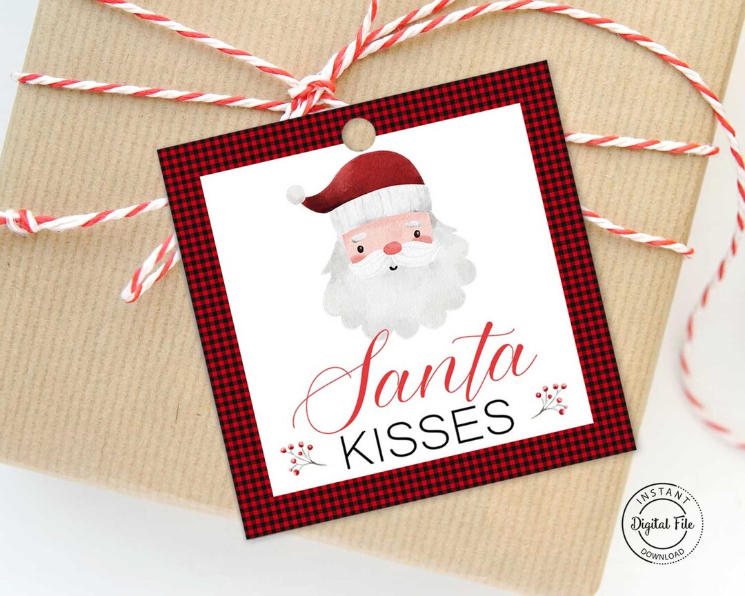 Printable Santa Kisses Cookie Tag, Christmas Santa Claus Goody Bag Tag ...