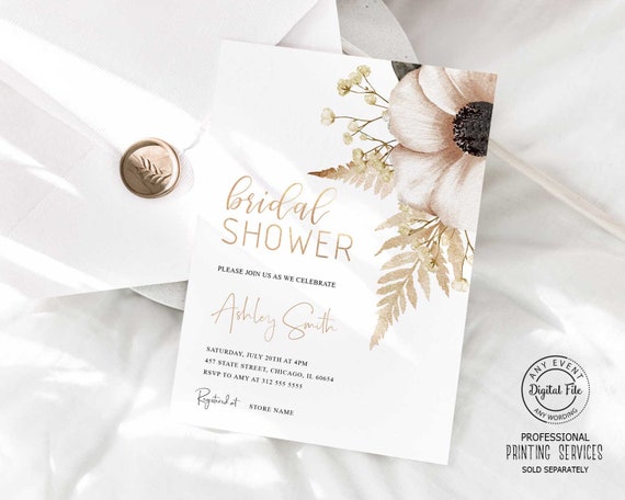 Beige and White Floral Bridal Shower Invitation, Wedding Shower Invite ...
