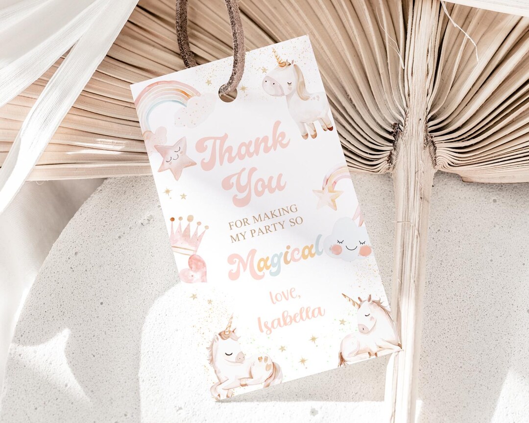 Magical Unicorn Birthday Tag, Unicorn and Rainbow Party Thank You Tag ...