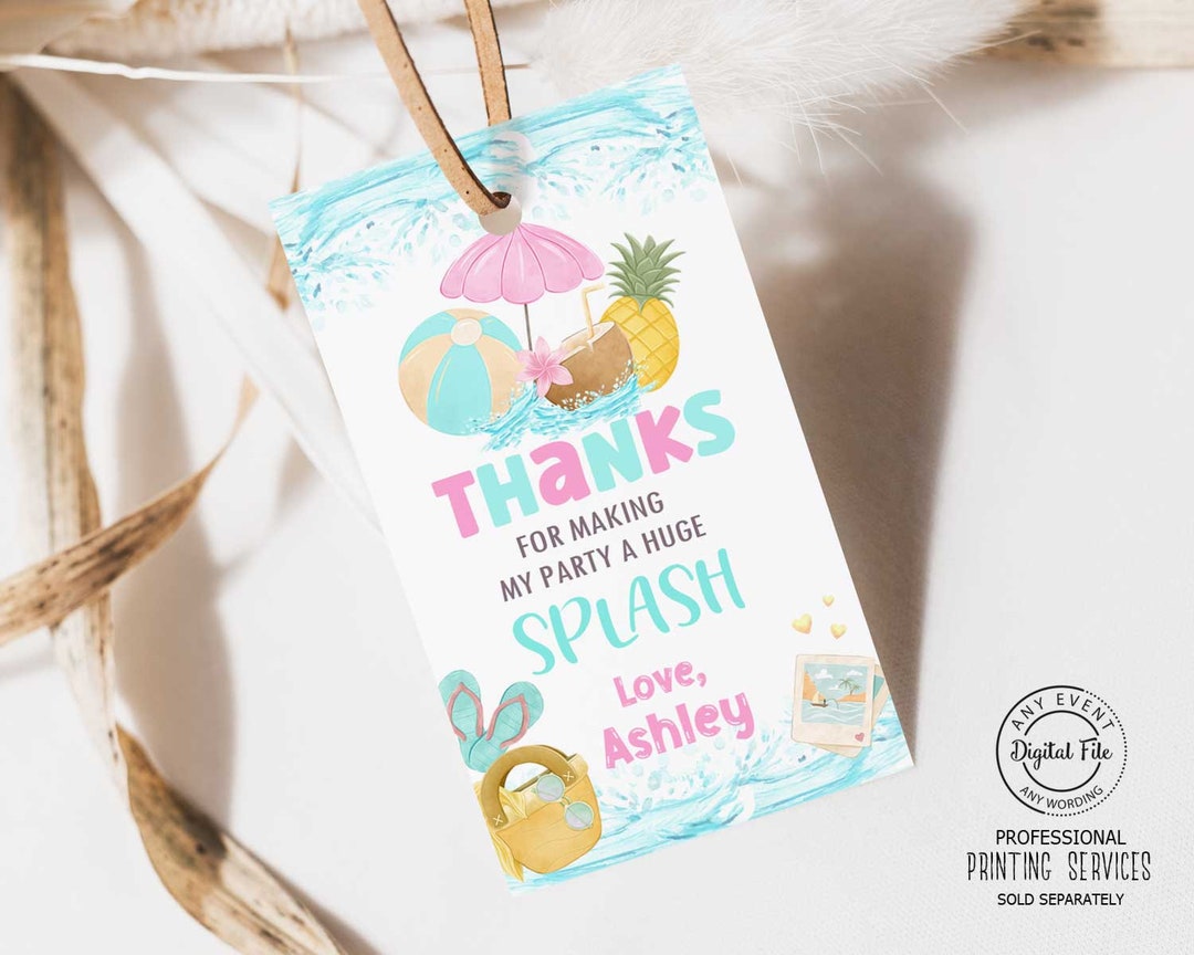 Pool Party Thank You Tag, Water Park Girl Birthday Party Favor Tag ...
