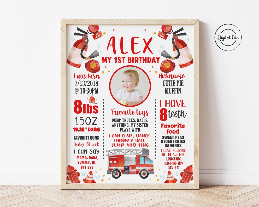 Firetruck Birthday Milestones Chart, Firefighter 1st Birthday Poster ...
