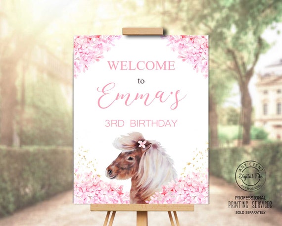 Horse Birthday Welcome Sign, Pony Cowgirl Party Table Sign, Pink Floral ...