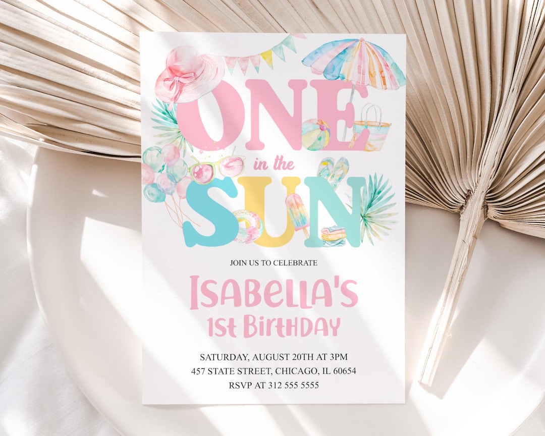 One in the Sun Birthday Invitation, Editable Pool Party First Birthday ...