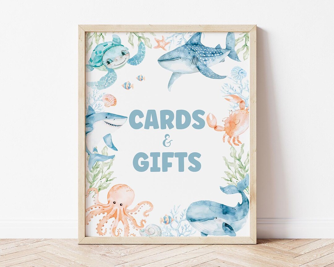 Under the Sea Cards and Gifts Sign, Boy Shark Party Decor, Nautical Sea ...