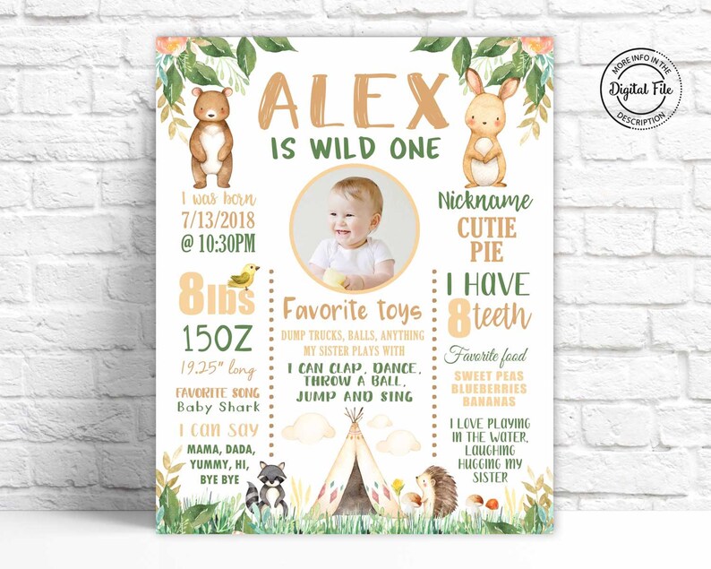Woodland 1st Birthday Poster Printable Forest Kids Party - Etsy