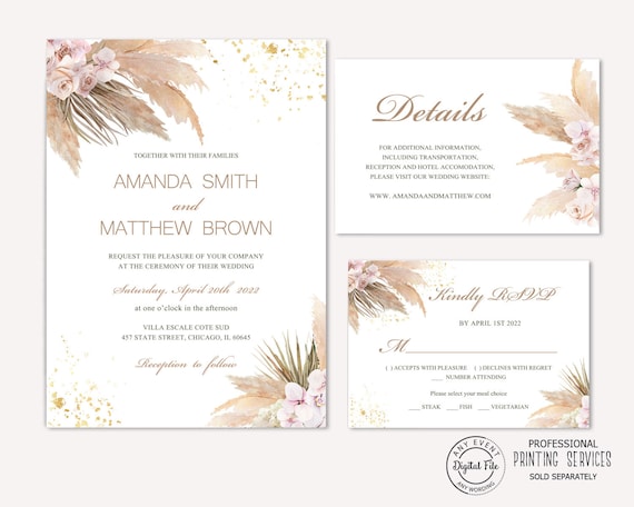 Pampas Grass Wedding Invitation Suite Printable, Floral Bohemian ...