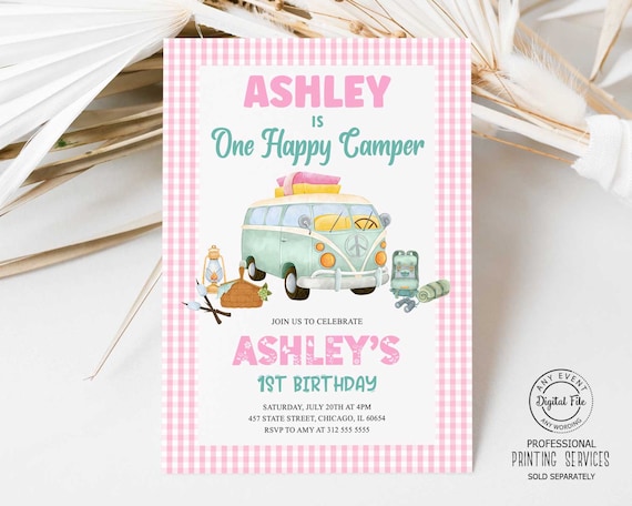 Happy Camper Girl 1st Birthday Invitation, One Happy Camper Pink Party Invite, Glamping Camping ...