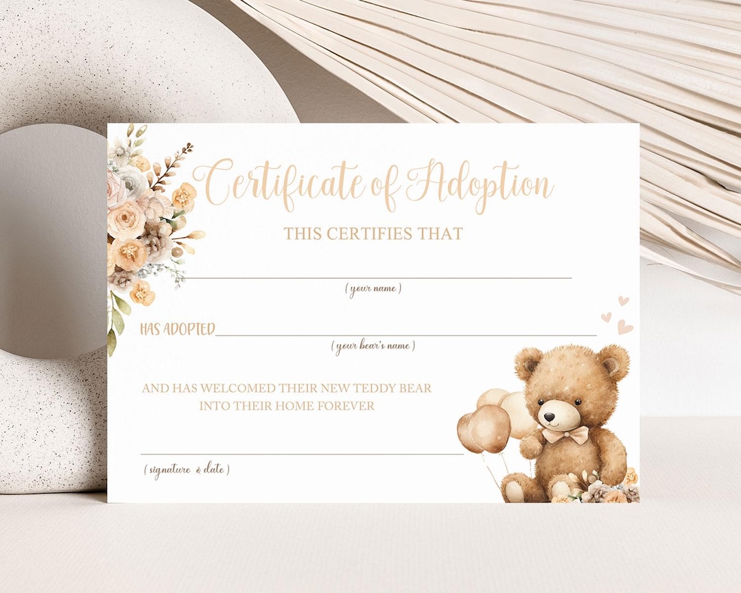 Teddy Bear Adoption Certificate, Adopt a Stuffed Animal Party Favors ...