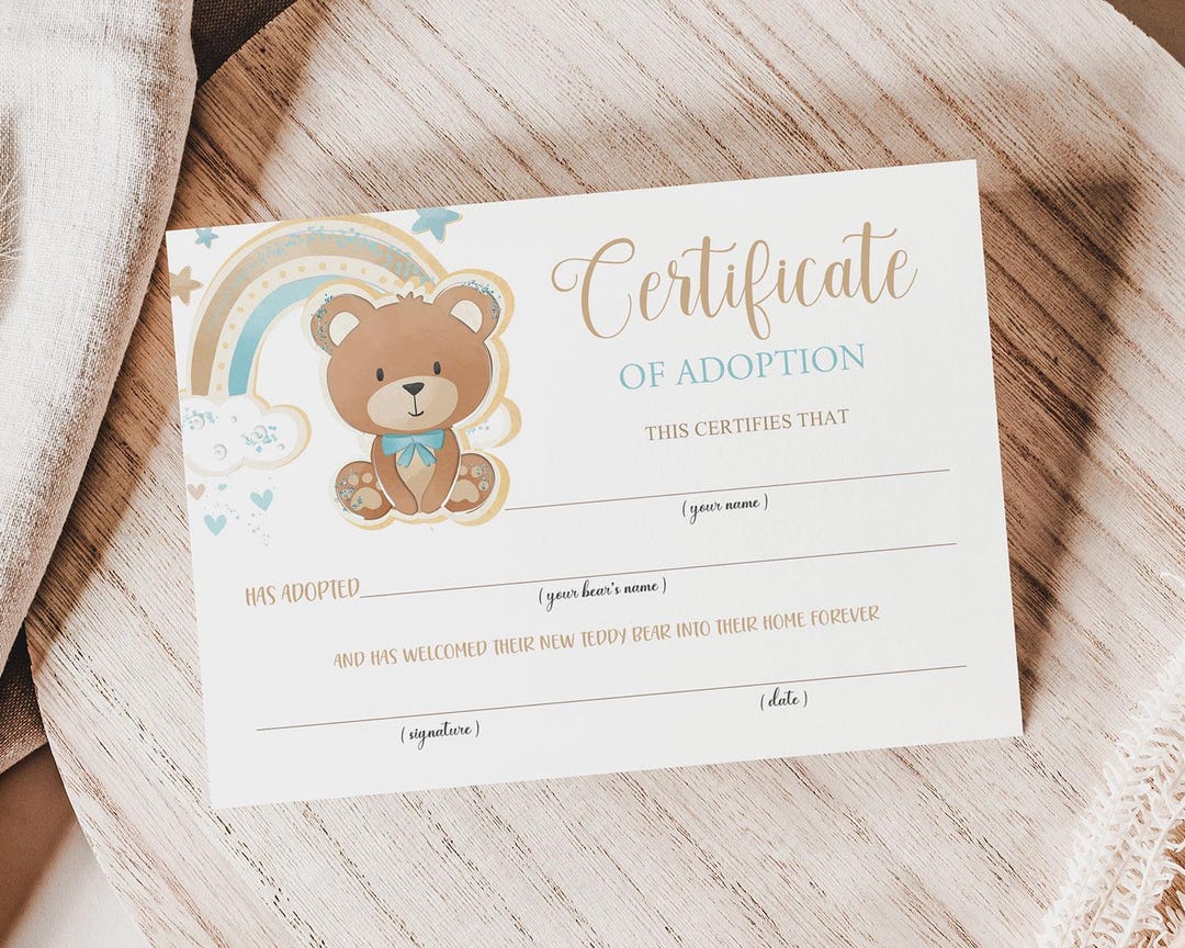 Teddy Bear Adoption Certificate, Boy Teddy Bear Party, Adopt a Stuffed ...