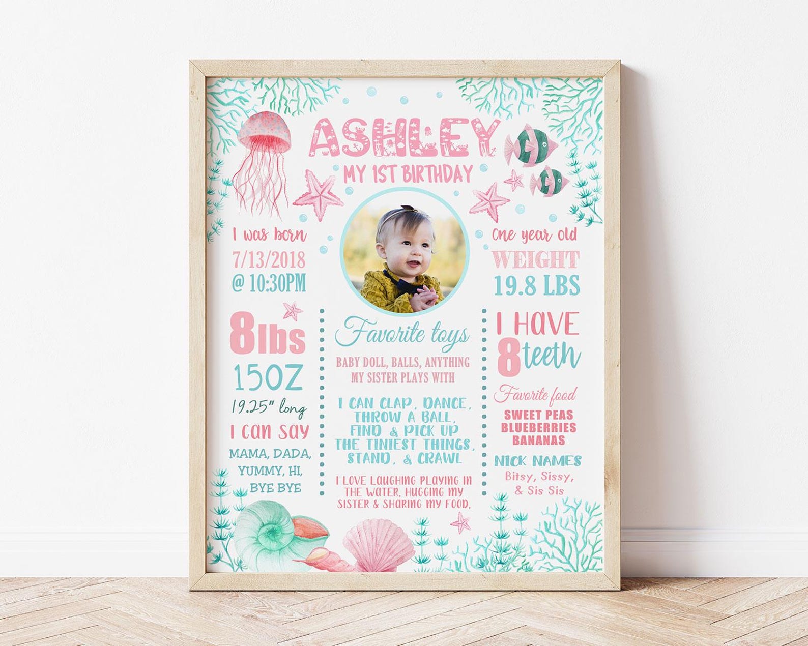 Under the Sea Girl 1st Birthday Poster Printable, Kids Milestone Ocean ...