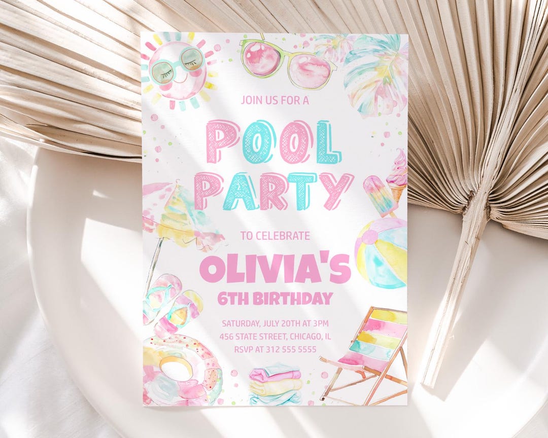 Girl's Pool Party Invitation, Birthday Swim Party Invite, Summer Pool ...