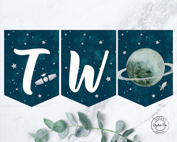 Two the Moon and Back Boy Birthday Banner Printable, Outer Space ...