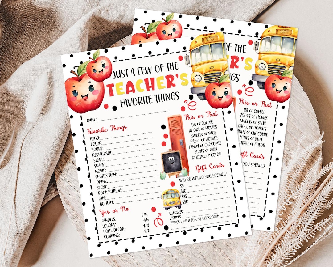 A Few of My Favorite Things Teacher's Questionnaire, Teacher ...