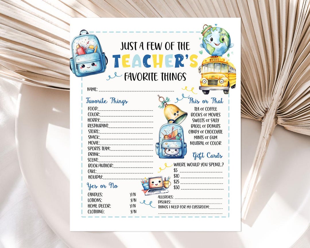 A Few of My Favorite Things Teacher's Questionnaire, Holiday Christmas ...