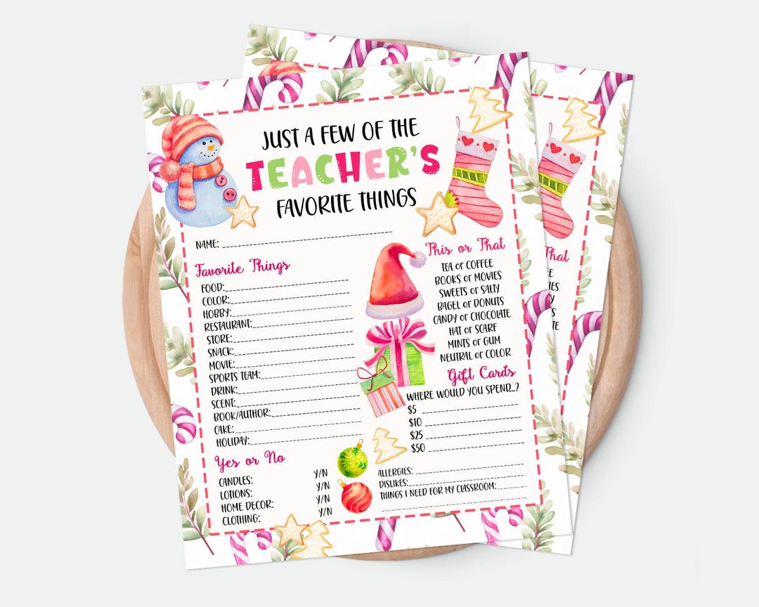 A Few of My Favorite Things Teacher's Questionnaire, Holiday Christmas ...