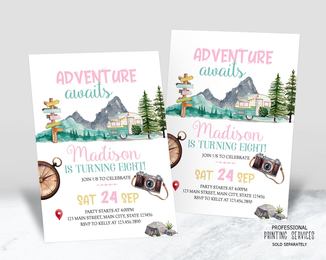 Adventure Awaits Girl Birthday Party Invitation Printable, Mountains ...