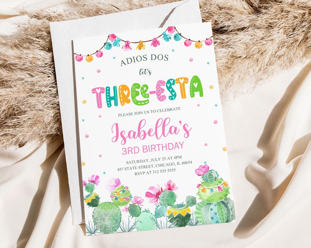 Three Esta Birthday Invitation, Girl 3rd Birthday Fiesta Invite, Time ...
