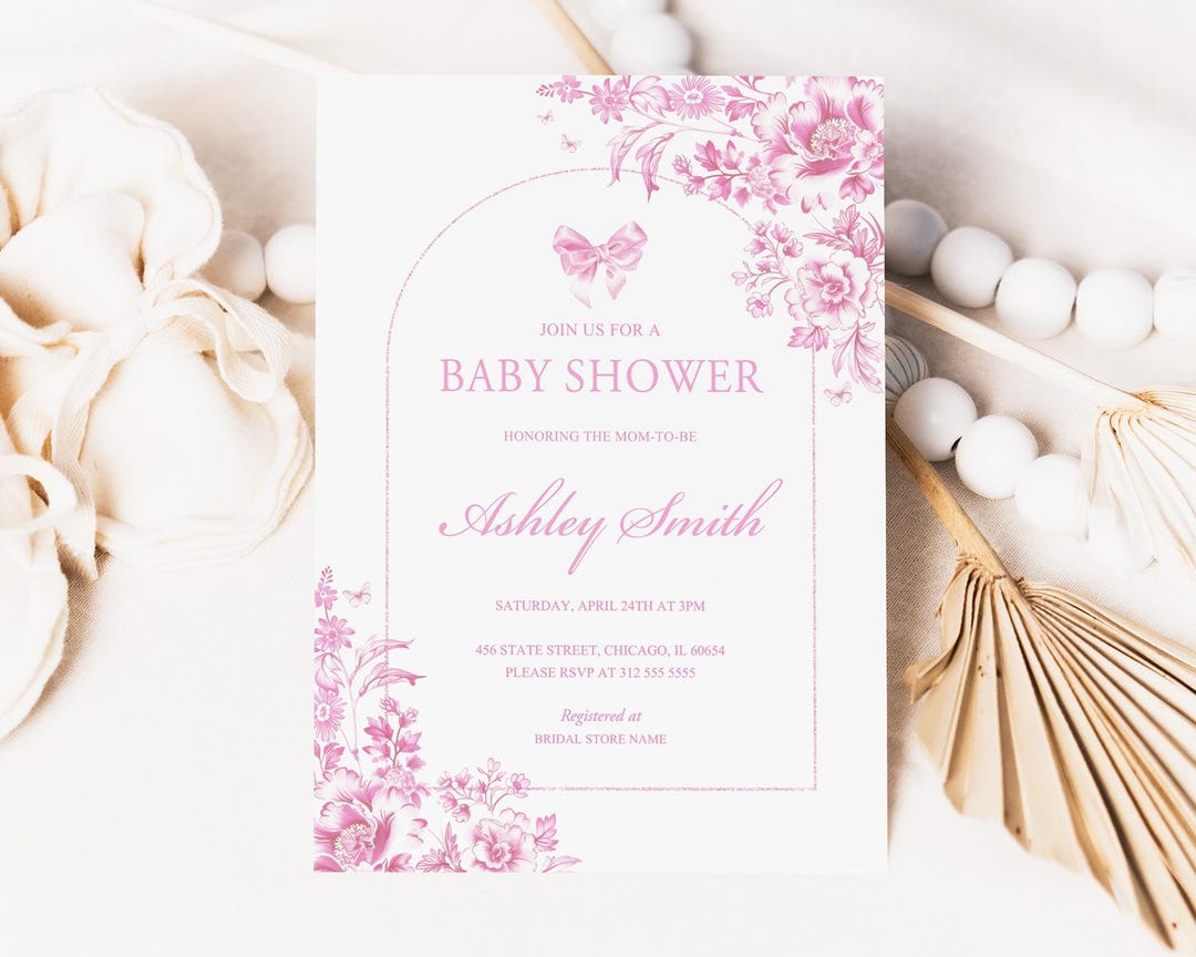 Pink Bow and Toile Baby Shower Invitation, Toile De Jouy Baby Sprinkle ...