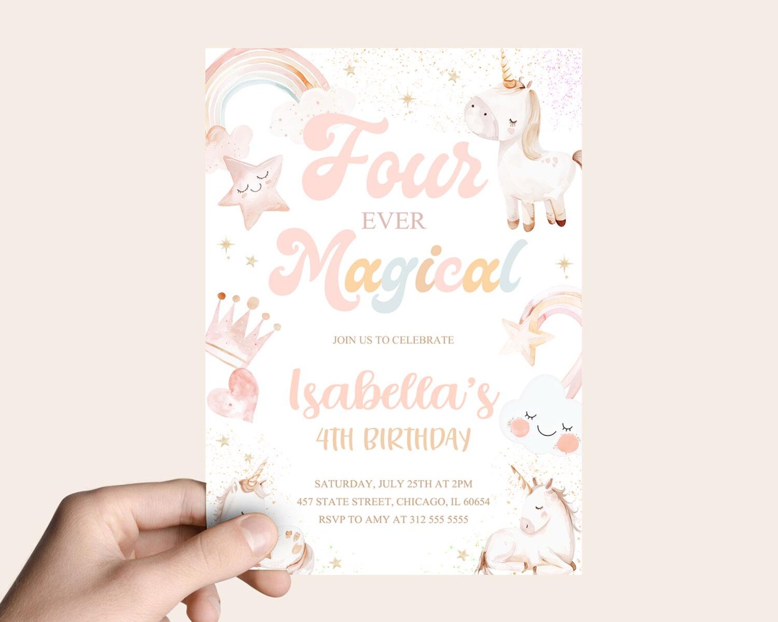 Four Ever Magical Unicorn 4th Birthday Invitation, Fourth Birthday ...