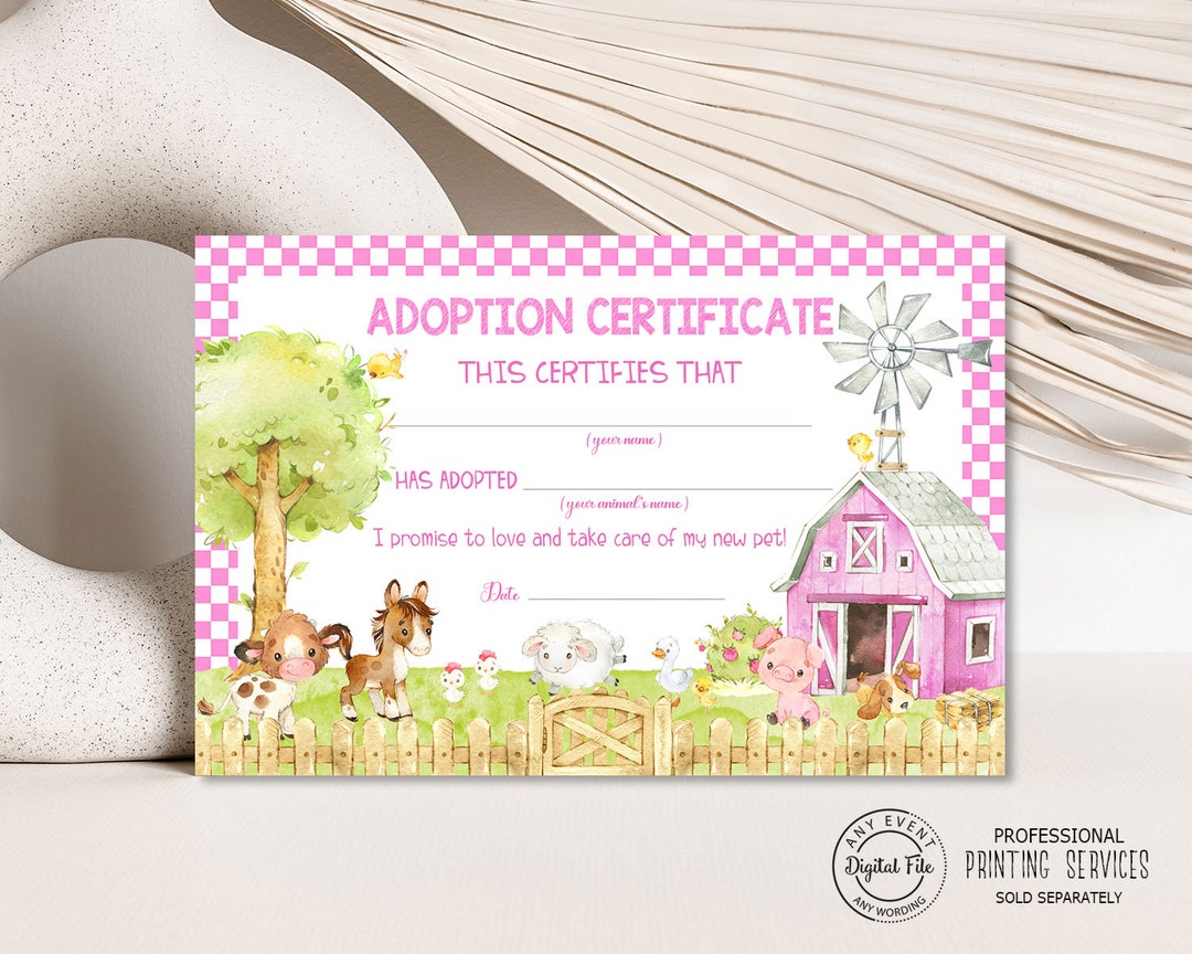 Girl Farm Birthday Adoption Certificate, Girl 2nd Birthday Farm Animals ...