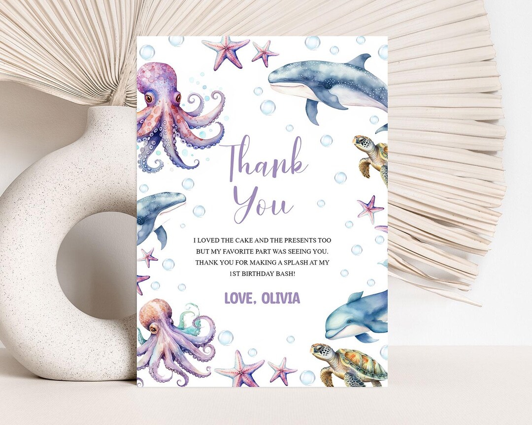 Under the Sea Thank You Card, Ocean Birthday Party Favor, Oneder the ...