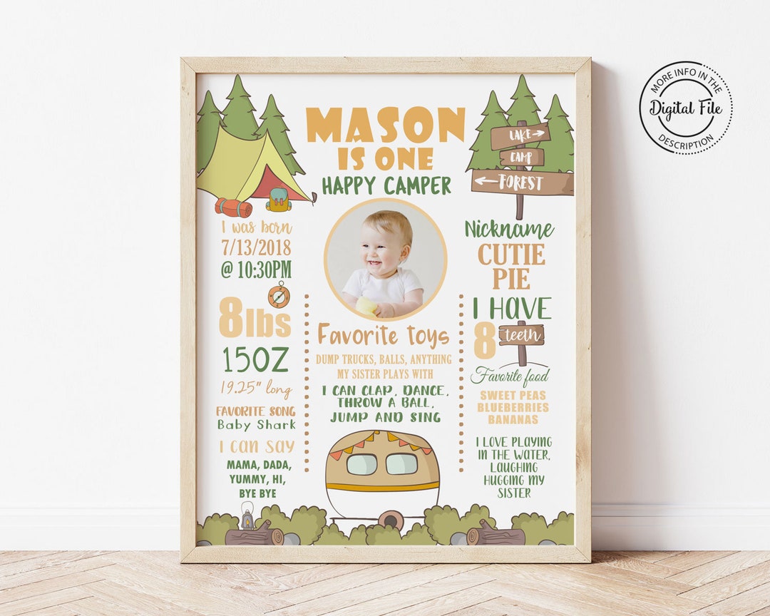 Camping Boy 1st Birthday Poster, Forest Adventure Camp Milestone Party ...