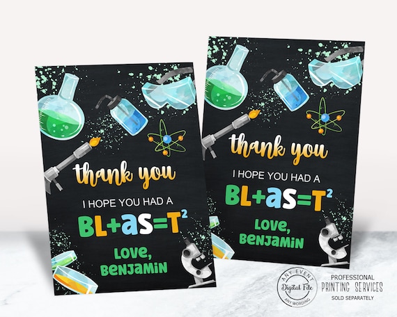Science Birthday Thank You Card, Boy Science Party Favor Bag Card, Mad ...