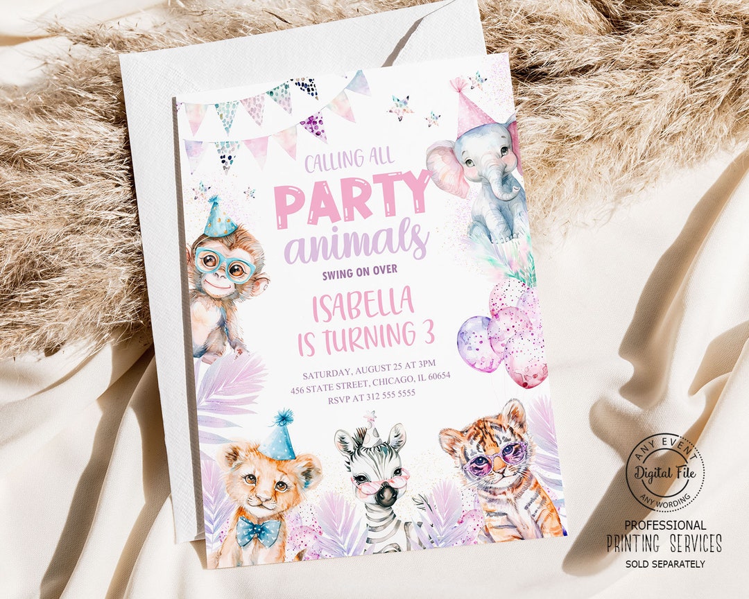 Party Animals Girl Birthday Invitation, Safari Animals Part Invite, Zoo ...