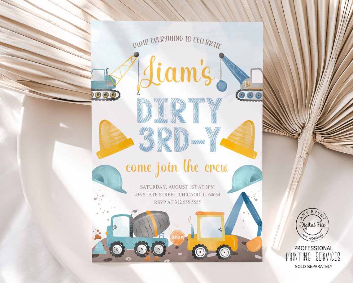 Dirty 3rd-y Construction Birthday Invitation, Stop the Traffic Boy 3rd ...