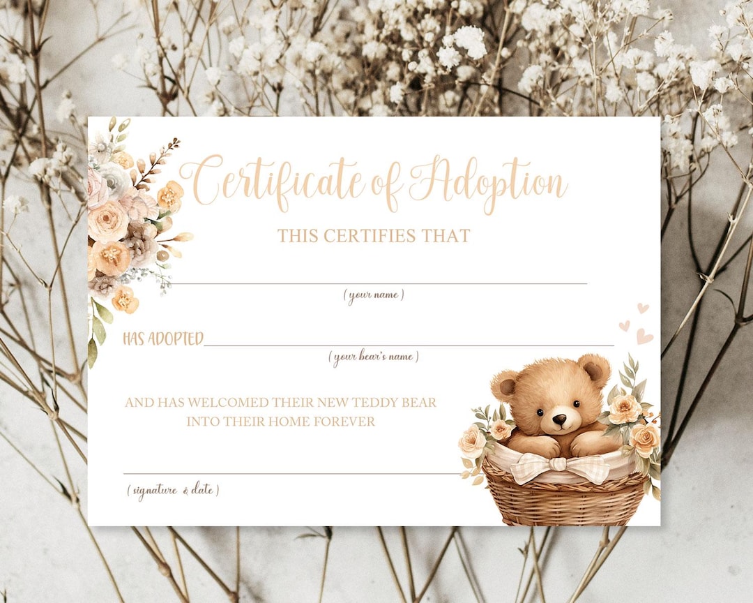 Floral Teddy Bear Adoption Certificate, Teddy Bear Picnic, Boy Teddy ...