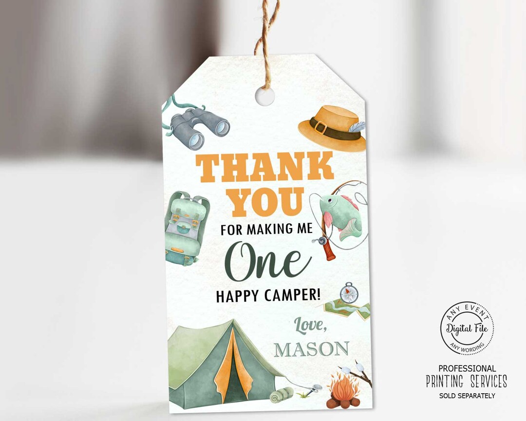 One Happy Camper Thank You Tag, Camping Party Favor Tag, 1st Birthday ...