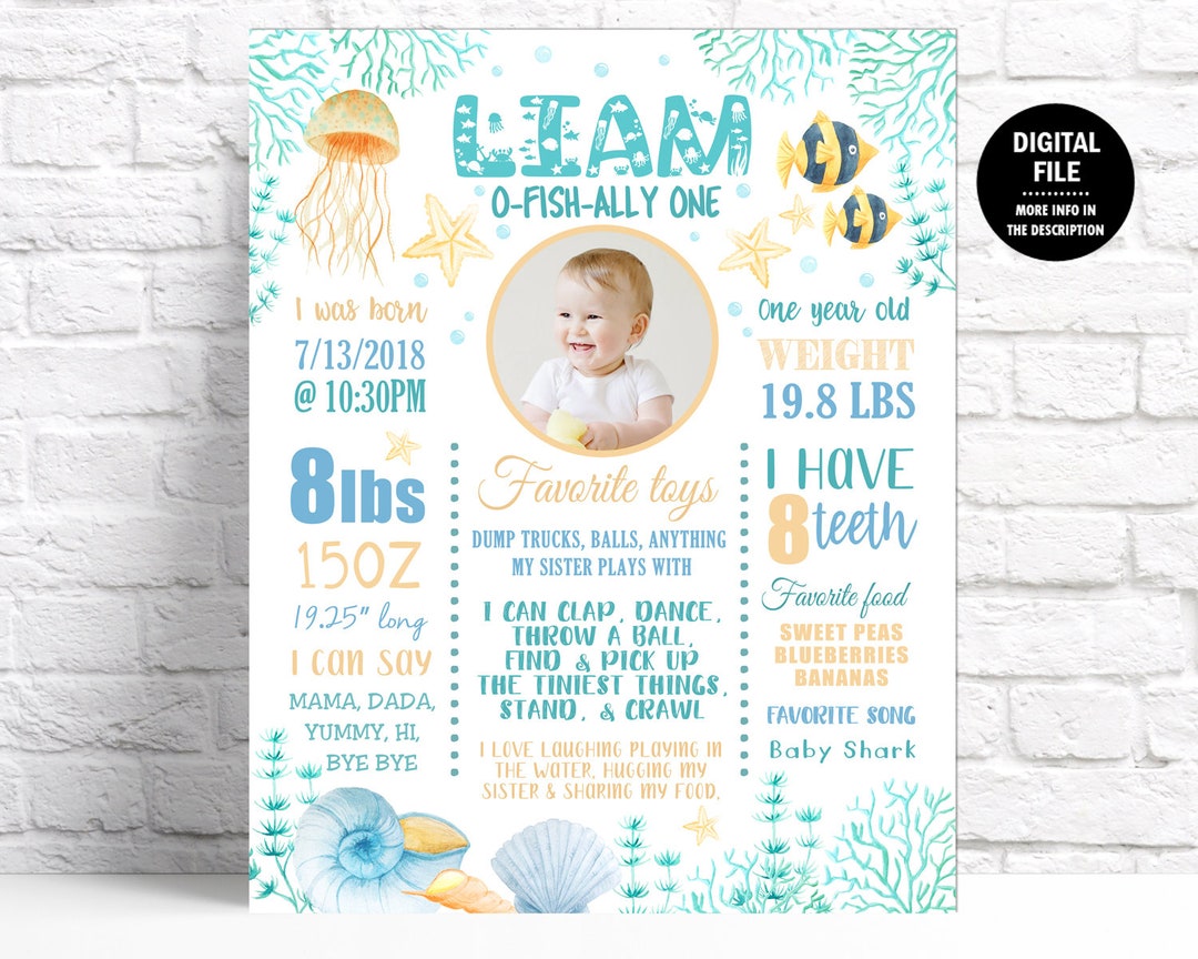 Under the Sea Boy 1st Birthday Poster Printable, Kids Milestone Ocean ...