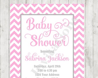 Pink And Grey Chevron Baby Shower Invitations