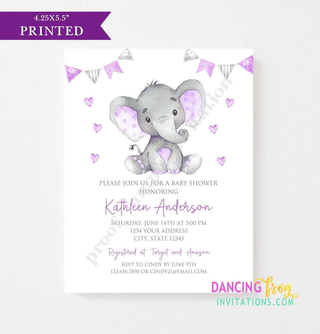 Printed Elephant Baby Shower Invitation, Purple Elephant Baby Shower ...
