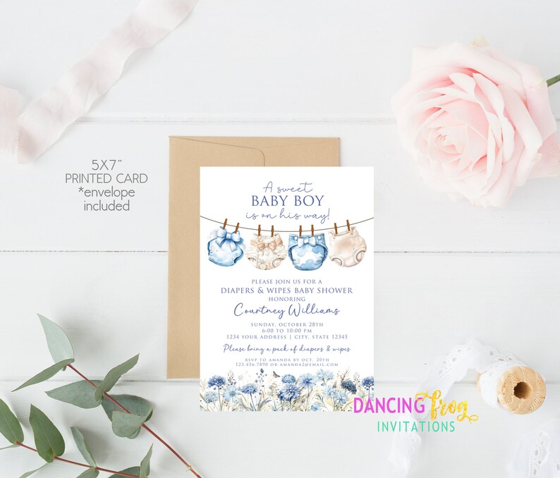 PRINTED 5X7, Diapers and Wipes Baby Shower Invitation, Boy Diapers and ...