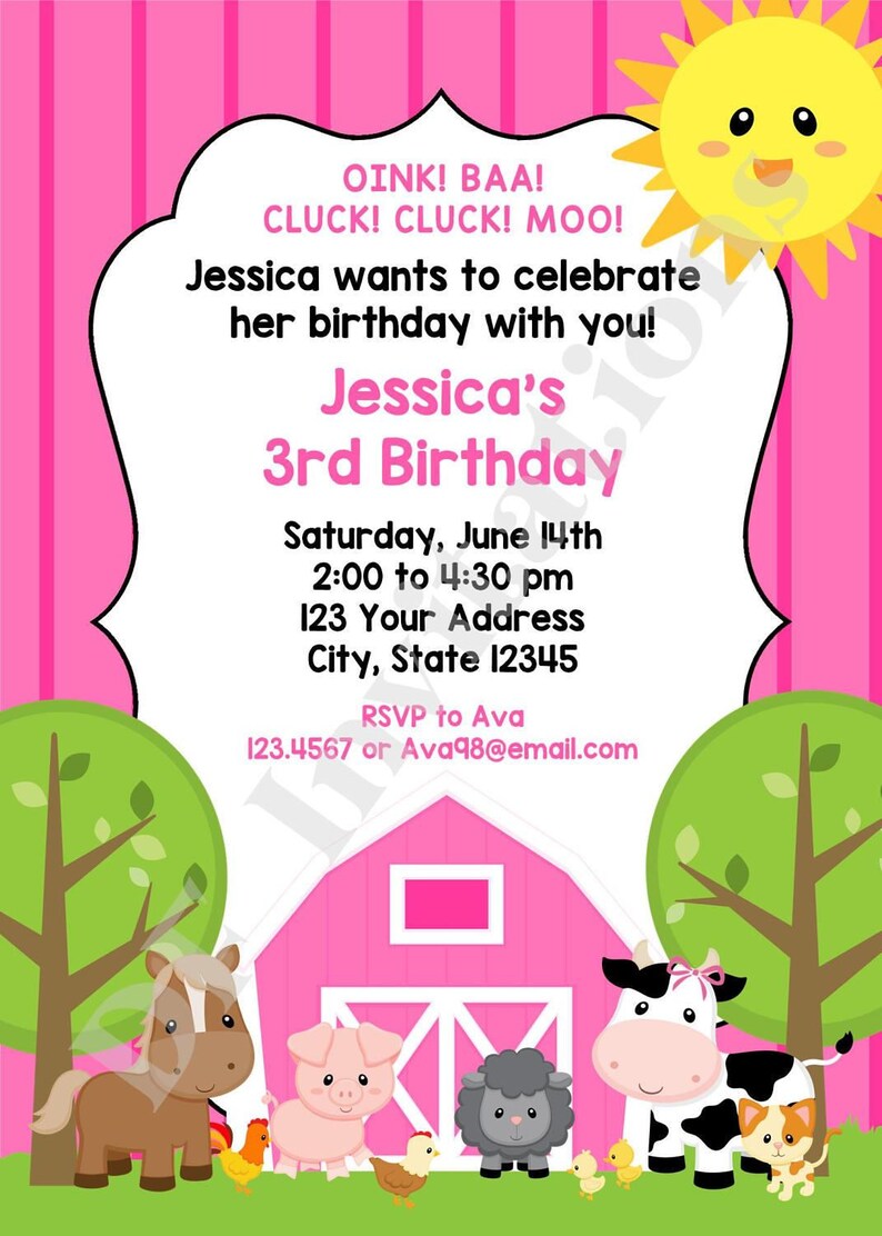 Pink Girls Barn Animals Birthday Invitations Printed Barn - Etsy