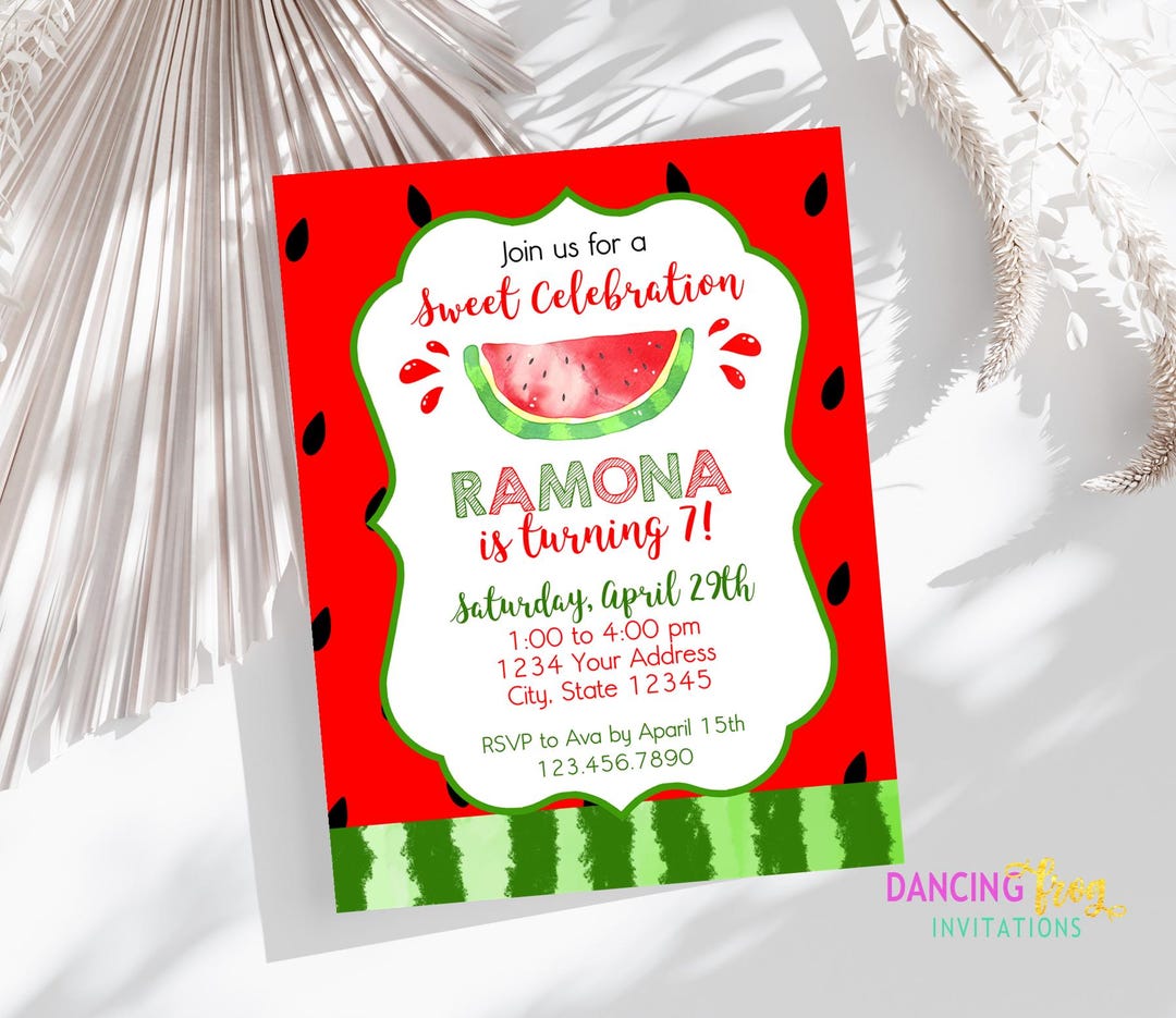 Printed 4.25x5.5", Watermelon Birthday Invitations, Watercolor ...