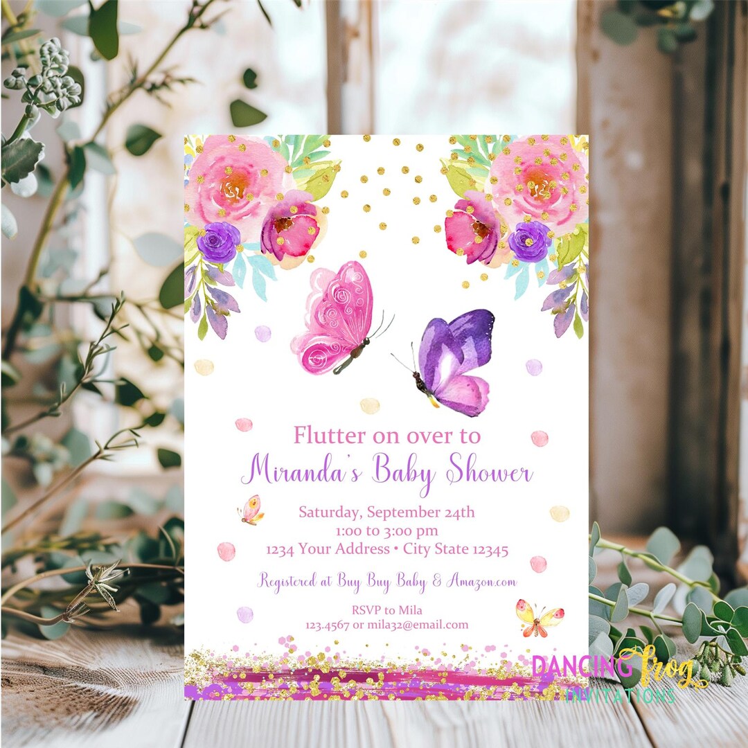 Printed/shipped 5x7" Watercolor, Butterfly Baby Shower Invitation ...