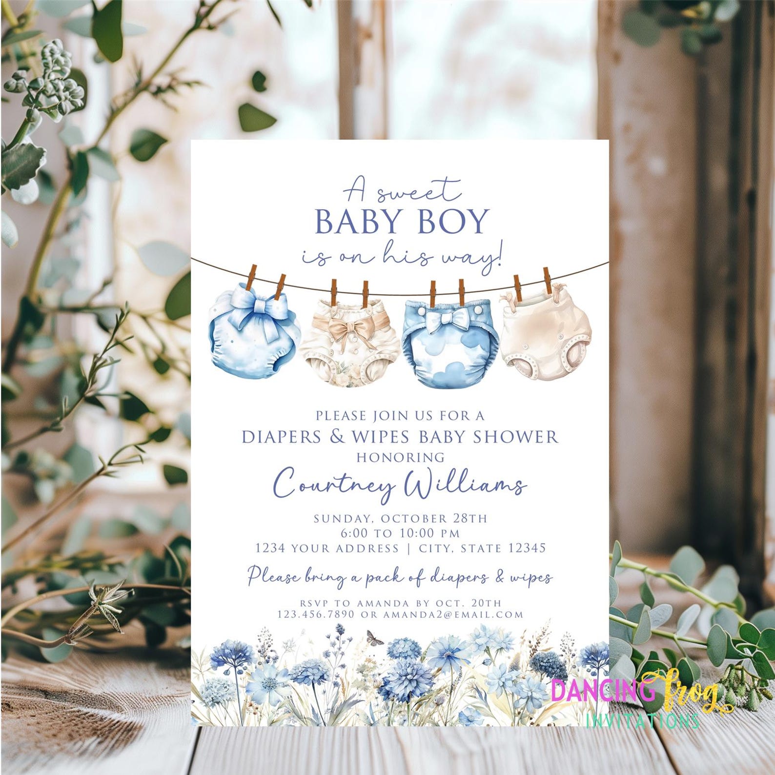 PRINTED 5X7, Diapers and Wipes Baby Shower Invitation, Boy Diapers and ...