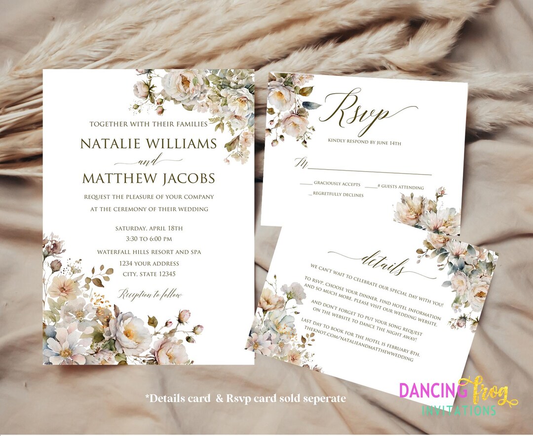 PRINTED 5X7, Neutral Floral Wedding Invitation, Watercolor Neutral ...