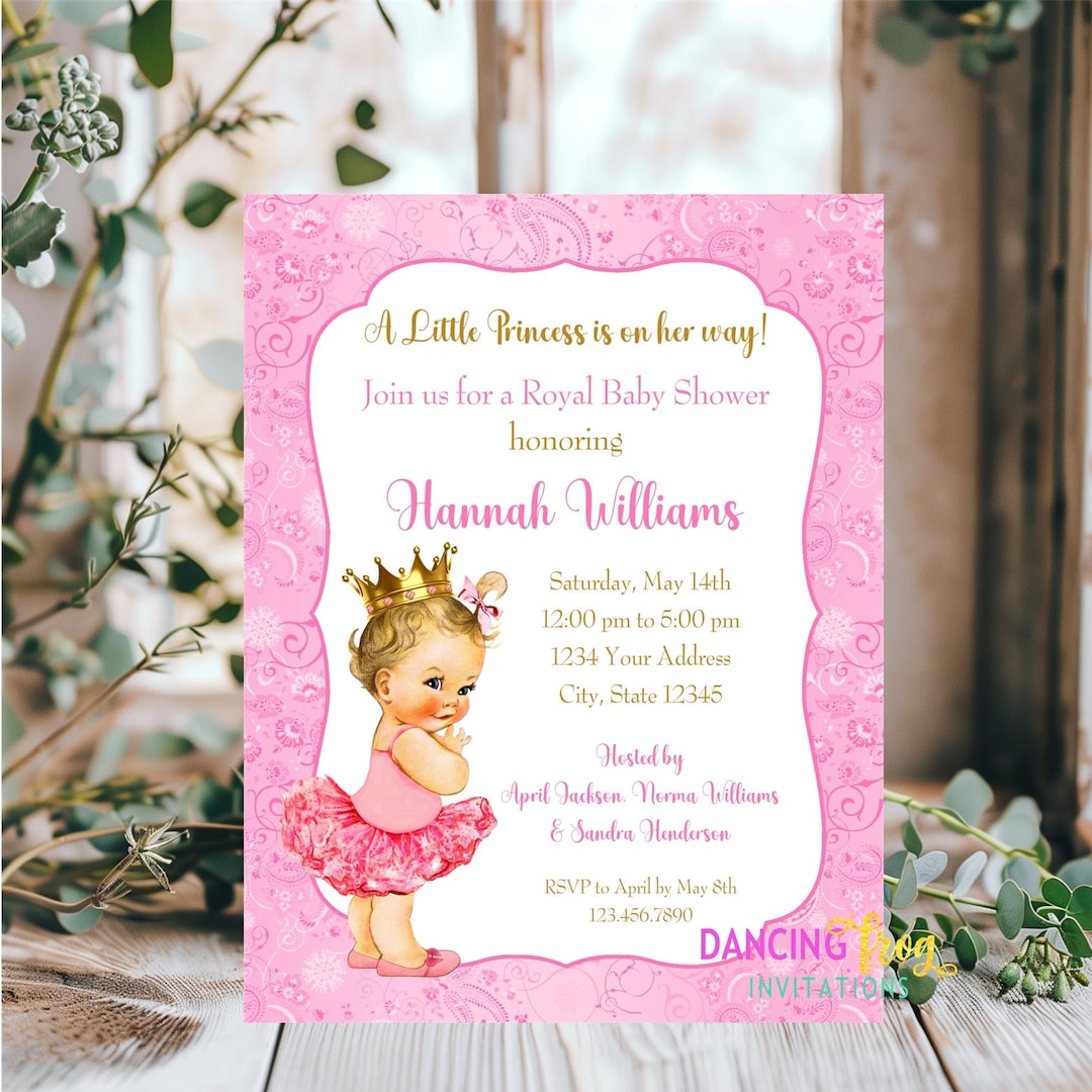 Printed 4.25X5.5, Princess Baby Shower Invitation, Princess Baby Shower ...
