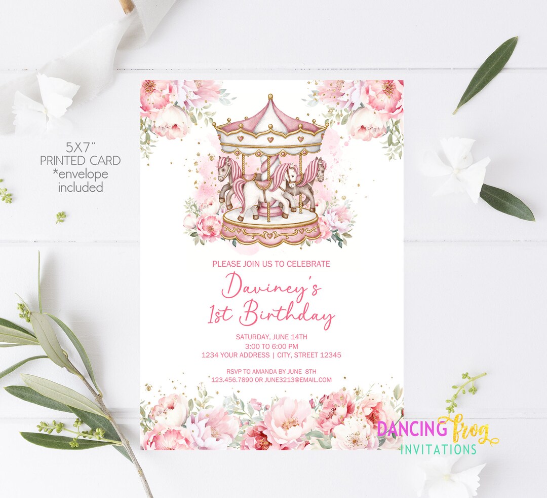 Carousel Birthday Invitation, Pink Floral Carousel Birthday Invitation ...
