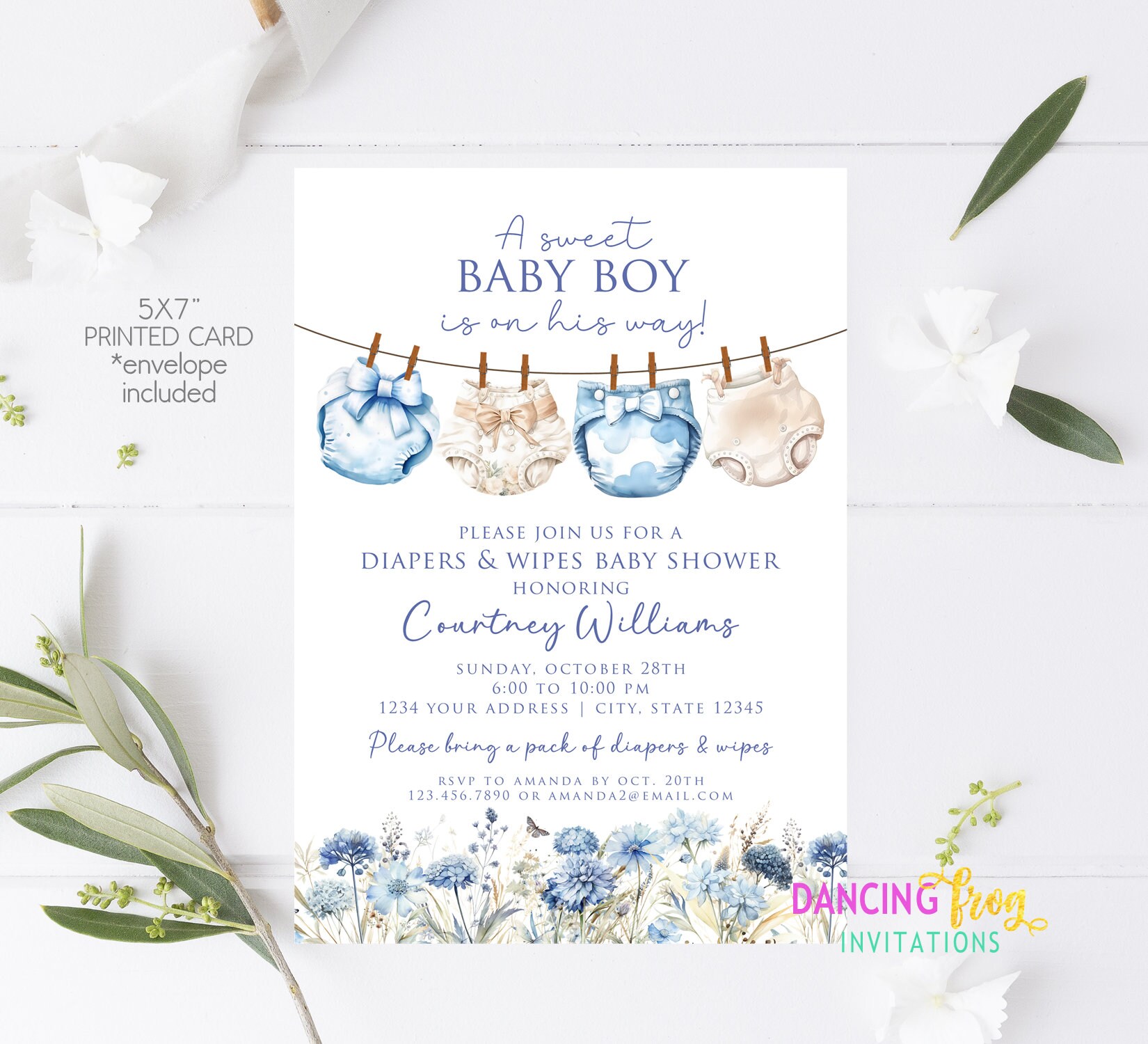 PRINTED 5X7, Diapers and Wipes Baby Shower Invitation, Boy Diapers and ...