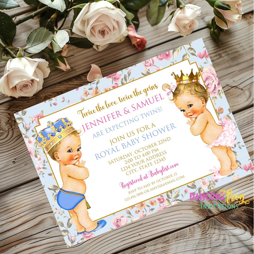 Printed 5X7, Twin Baby Shower Invitations, Princess and Prince, Boy ...